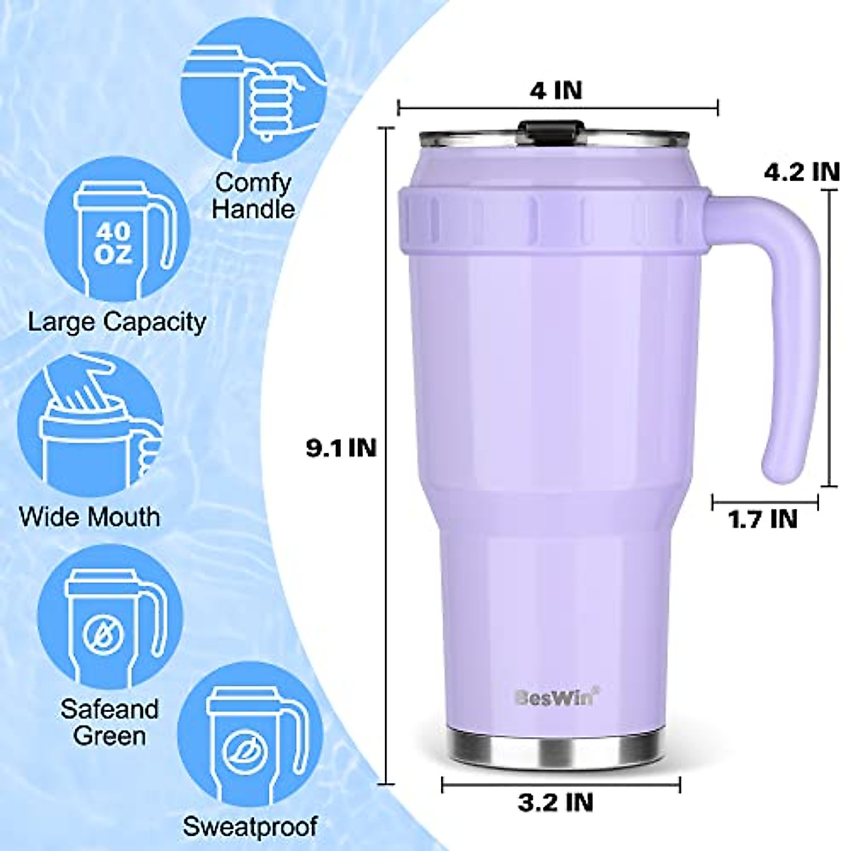 BesWin 40 oz Tumbler with Handle and Straw, Stainless Steel Vacuum Insulated Tumbler with Straw Lid - Travel Coffee Mug Iced Coffee Cup - Keeps Cold for 36 Hours, Leakproof - 40 oz, Pale Pink