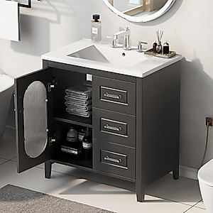 Favfurish 24" Bathroom Vanity with Sink,Wooden Storage Cabinet with Glass Door and Drawers,Adjustable Shelf,Single Undermount Ceramic Basin,for Bath,Easy to Assemble,Black