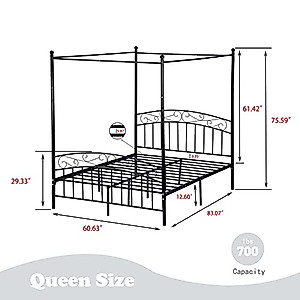RYR Sturdy Metal Canopy Bed Frame Four-Poster Platform Bed Queen Size with Headboard and Footboard,Metal Slat Support No Noise No Box Spring Required Black