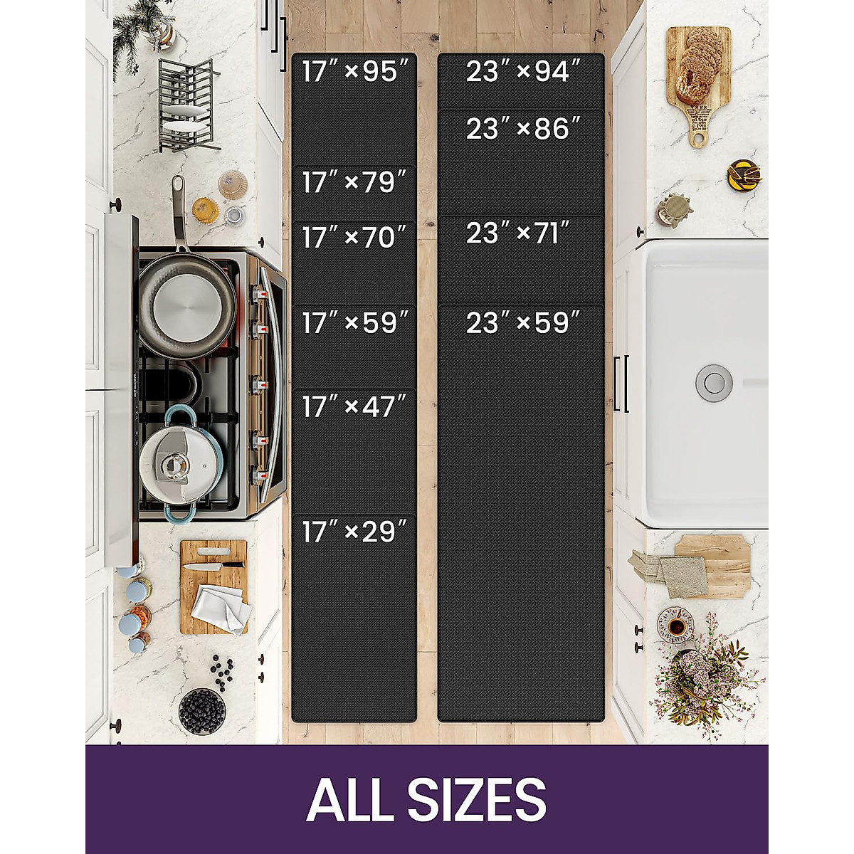 DEXI Kitchen Floor Mats Cushioned Anti Fatigue,17x29+17x59, Standing Runner Rug Waterproof, Comfort Memory Foam Padded for Front Sink Laundry Set of 2, Black