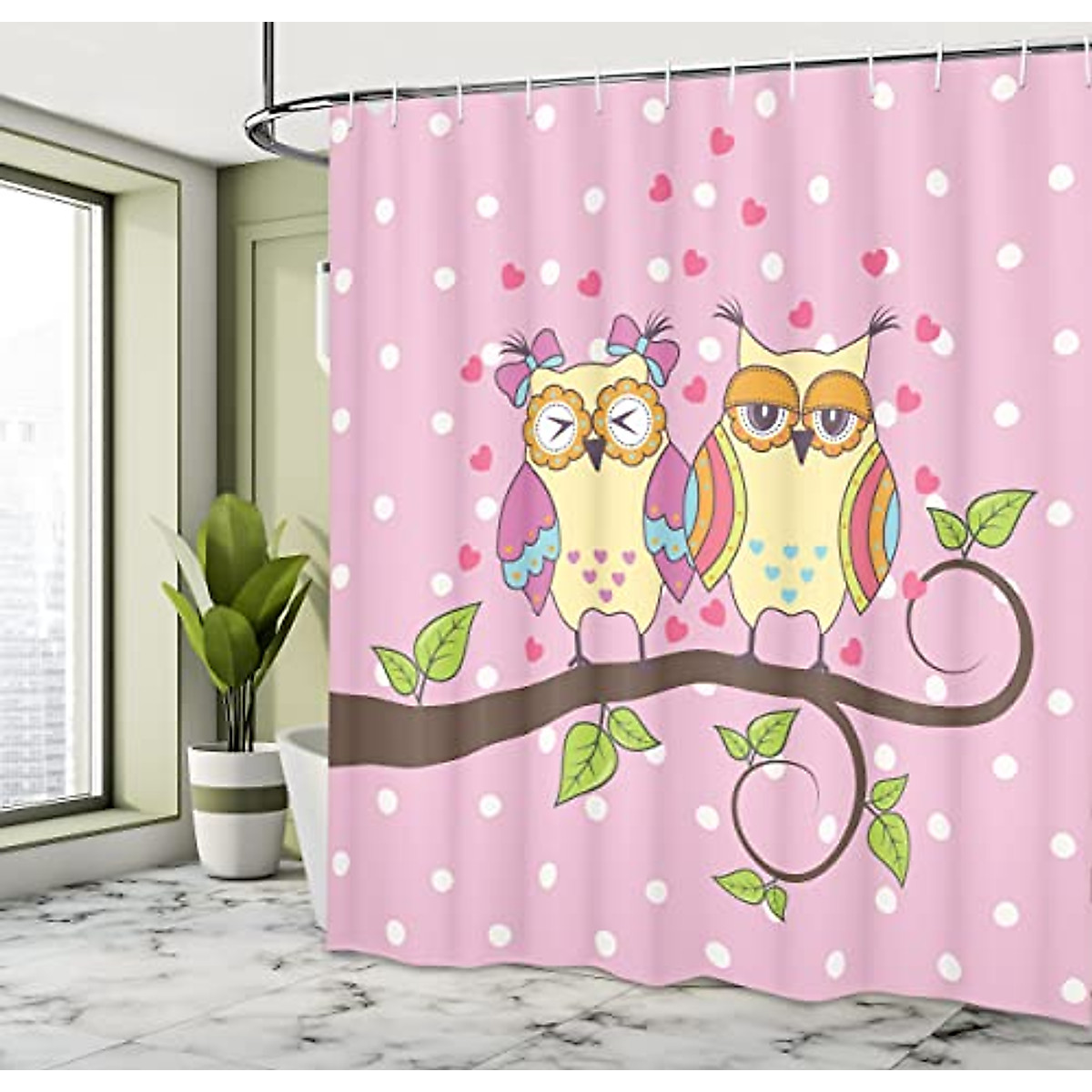 Ambesonne Owls Shower Curtain, Owls in Love on Branch Polkadots Leaves Hearts Romance Theme, Cloth Fabric Bathroom Decor Set with Hooks, 69" W x 70" L, Pale Yellow Apple Green