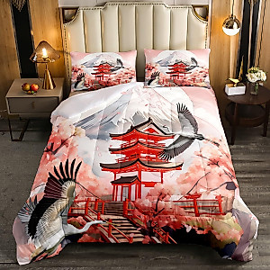 Erosebridal Japanese Style Comforter Set Twin Size,Cherry Blossoms Crane Printed Decor Bedding for Kids Girls Women Bedroom Decor,Romantic Gifts for Her Traditional Theme Quilt with 1 Pillowcase
