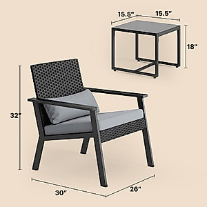 Ahomly 3 Pieces Patio Furniture Set Outdoor Furniture, Patio Chairs Wicker Patio Bistro Set with Glass Table, Outdoor Chairs for Balcony, Porch, Garden(Gray)