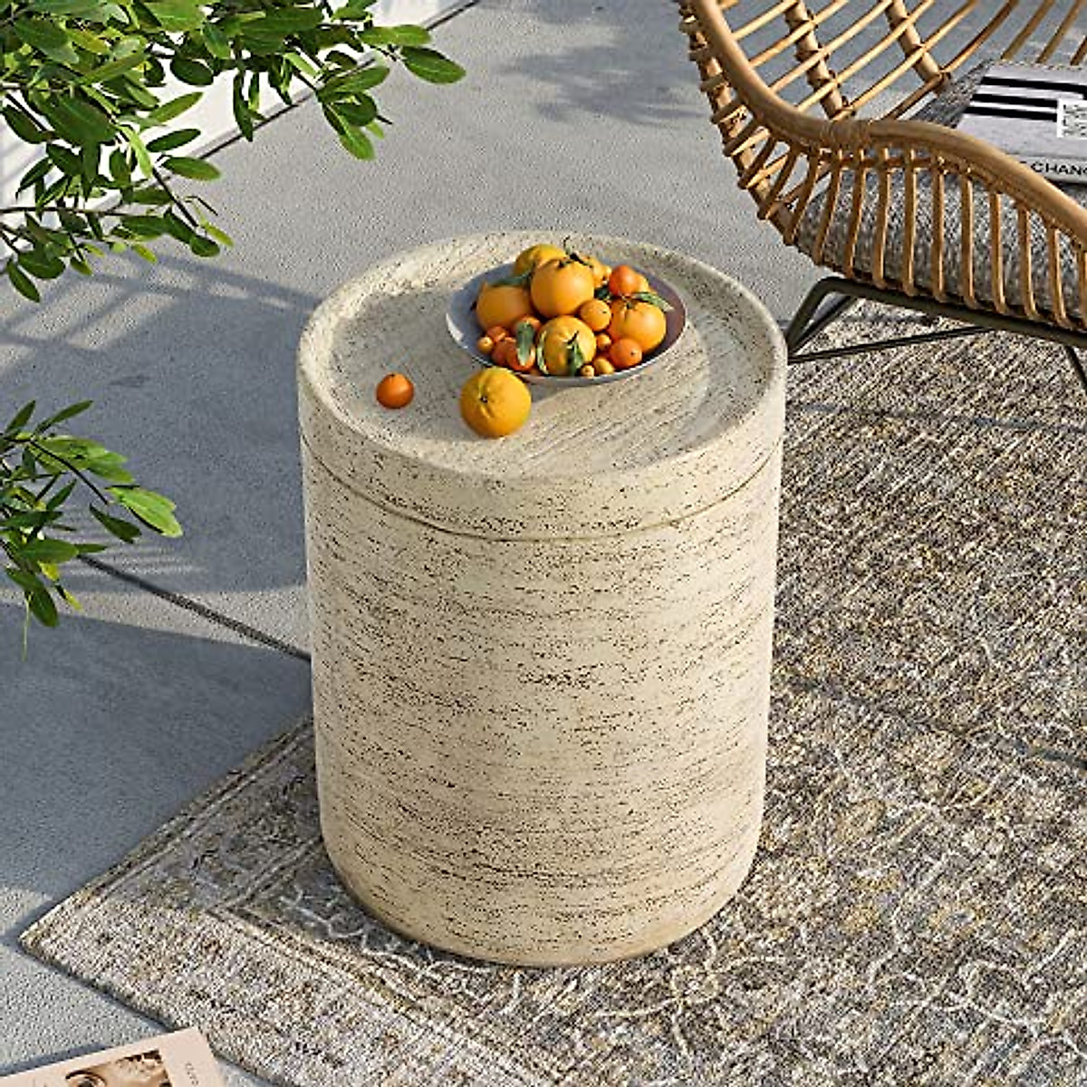 SUNBURY Concrete Side Table, Outdoor Side Table for Patio, 14" Outdoor Accent Table Patio Round Side Table End Table, Ceramic Side Table Garden Stool Log Table