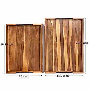 MornHalo Extra-Large Wooden Tray Set of 2, (20.1'' + 18.1'') Serving Tray with Metal Handles, Rectangle Rustic Serving Trays for Breakfast, Used in Kitchen Counter, Coffee Table, Bedroom, Living Room
