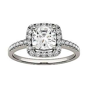 Charles & Colvard Created Moissanite 6mm Cushion Cut Engagement Ring for Women | 1.4 cttw DEW | Lab Grown | Solid 14K White Gold with Rhodium | Size 7