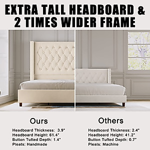 PaPaJet Queen Bed Frame 61.4" Tall Headboard Upholstered Velvet Platform Bed with Handmade Deep Button Tufted/No Box Spring Required/Cream