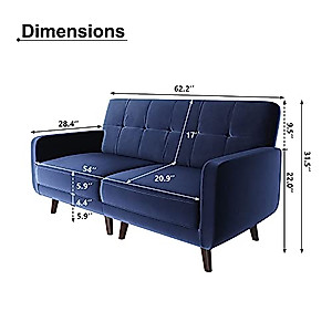 HONBAY Upholstered Loveseat Blue Velvet 2 Seater Sofa Loveseat with Tufted Back, Living Room, Apartment, Office, 62.2''