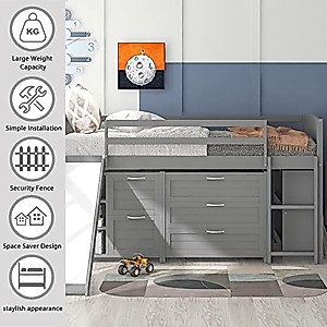 Low Loft Bed with Slide and Storage Twin Loft Bed Frame with Cabinet Drawers and Book Shelves, Wooden Loft Beds for Kids Boys Girls, Gray