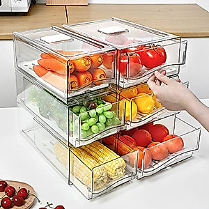 XIYAO 2 pack Stackable Fridge Organizer Bins Drawers With Vented Lids And Drain Tray ,Clear Pantry Organization and Storage,BPA-free Food Fruit Vegetables storage for Freezer, Cabinet, Kitchen, 11.8"x8.11"x4.5"