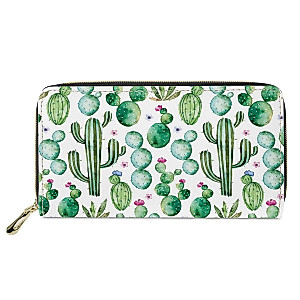 Freewander Green Cactus Flower Wallet Handbag Clutch Bag Women Purse Money Manager Plenty of Room Gift for Wife
