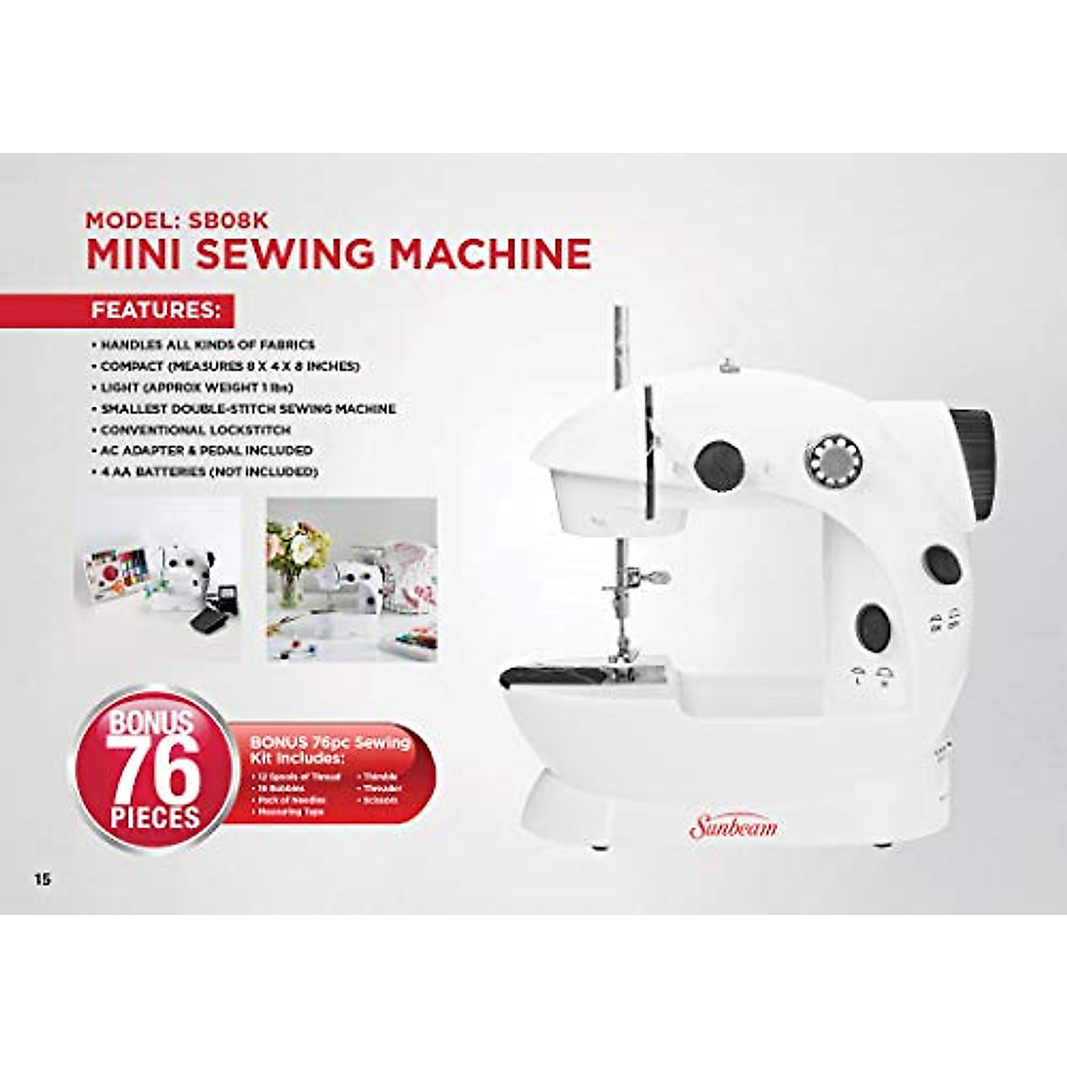 Sunbeam Mini Portable Sewing Machine AC Adapter Foot Pedal And Over 75 Piece Sewing Kit Included, Drop In Bobbin For Easy Set Up, Double Thread and Speed, Pre Threaded Ready To Use, Battery Operated As Well