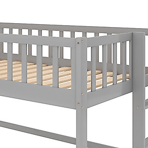 Twin Size Loft Bed with Slide, Wooden Low Loft Bed Frame for Kids Girls Boys (Gray)