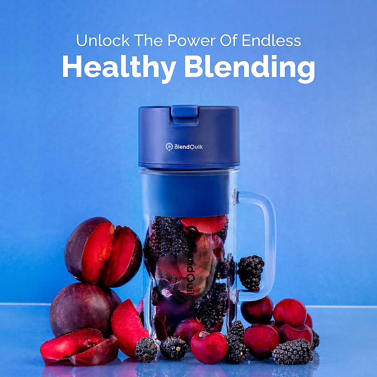 BlendQuik, Personal Portable Blender For Shakes & Smoothies, Leakproof & Stylish Portable Mason Jar Shaker, Rechargeable Mini Blender with 10-Blade Blending System 14oz, Dark Blue