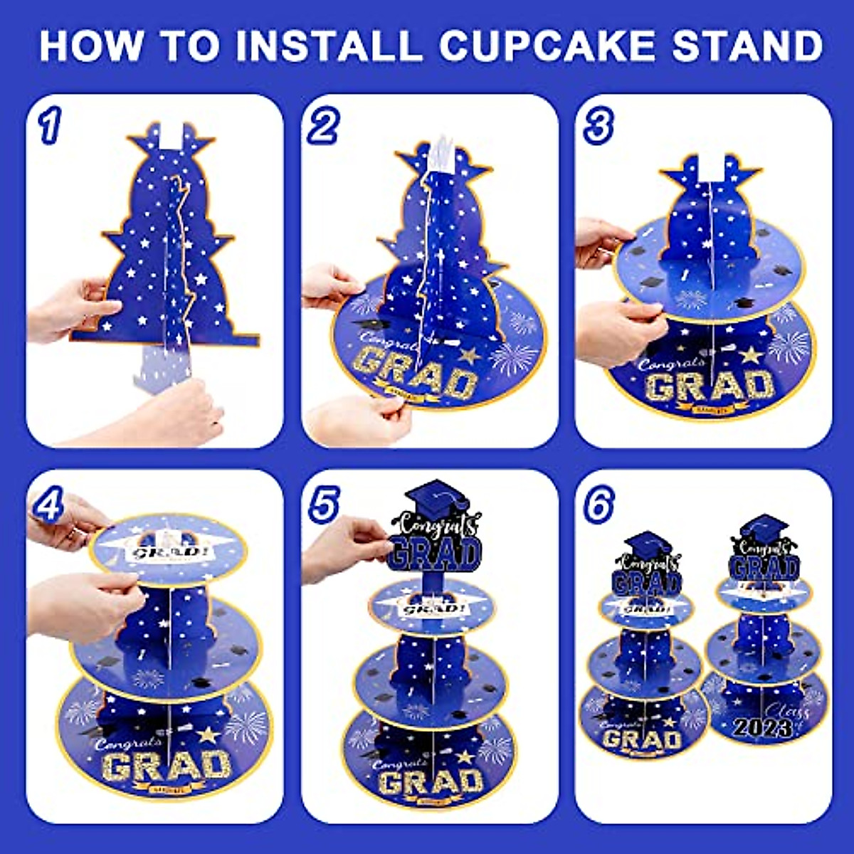 2 Set Graduation Cupcake Stand, 3 Tier Round Cardboard Cupcake Stand, Cupcake Holder Perfect for Grad Themed Party Décor, Graduation Party Supplies, Graduation Dessert Favors Supplies (Blue)
