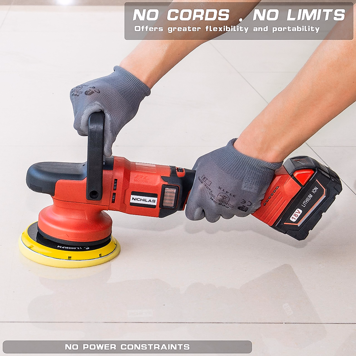 Nichilas Cordless Car Polisher, Orbital Portable Polishing Waxer Machine with Brushless Motor 6 speeds 750-6800RPM, Compatible with Milwaukee M18 Batteries (NO BATTERY)