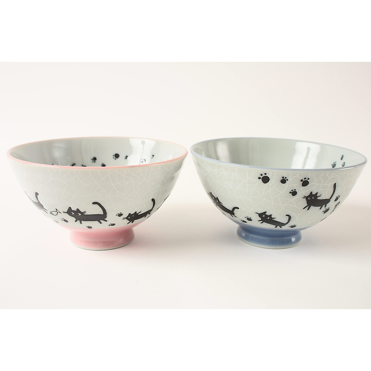 Mino ware Japanese Pottery Pair Rice Bowl Black Cats & Foot Prints Blue & Pink made in Japan (Japan Import) MIG005