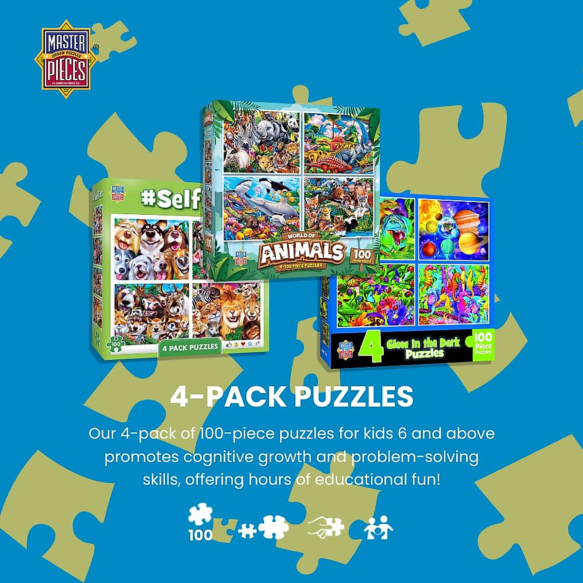 MasterPieces – Jigsaw Puzzle Set for Kids 6+ Years, 4-Pack of 100 Pieces, Educational and Fun Game, World of Animals Collection, Gift Idea for Children, 8" x 10