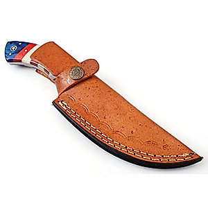 sharp knives Damascus hunting Knife With Leather Sheath- Best Damascus Steel American Flag Hunting Knife 703AF