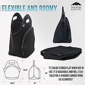 Nordic By Nature Large Neoprene Lunch Bag for Women & Lunch tote for Kids Insulated Lunch bag Reusable Washable Extra Thick Neoprene & Soft Cotton Feel, Premium Stitching, Outside Pocket, (L) Black