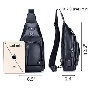 BULLCAPTAIN Genuine Leather Mens Sling Bag Multipurpose Travel Crossbody Chest Bag Daypacks with USB Charging Port (Black)