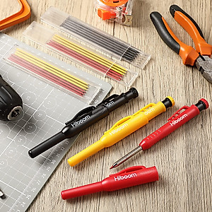 Hiboom 3 Pack Solid Carpenter Pencil with Pencil Cap and 21 Pcs Refills, Deep Hole Mechanical Pencil Marker with Built in Sharpener for Carpenter Woodworking Architect