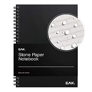 GAK. Stone Paper Waterproof Spiral Notebook, 7.20”x10.11”, 50 sheets, Durable Notebook, Eco-Friendly Mineral Stone Paper Notebook, Waterproof Notepad, Ruled, Black