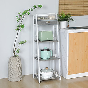 keomaisyto 4-Tier Elegant Ladder Shelf, Bathroom Storage Shelf, Ladder Bookshelf with Drawer, Freestanding Storage Shelves for Bathroom Living Room Study Office, White