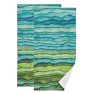 Oyihfvs Hand Drawn Blue Green Waves 2 Pieces Face Towel, Highly Absorbent Cotton Dish Hand Towels, Soft Washcloth for Spa Bathroom Hotel Kitchen Beach Gym Yoga