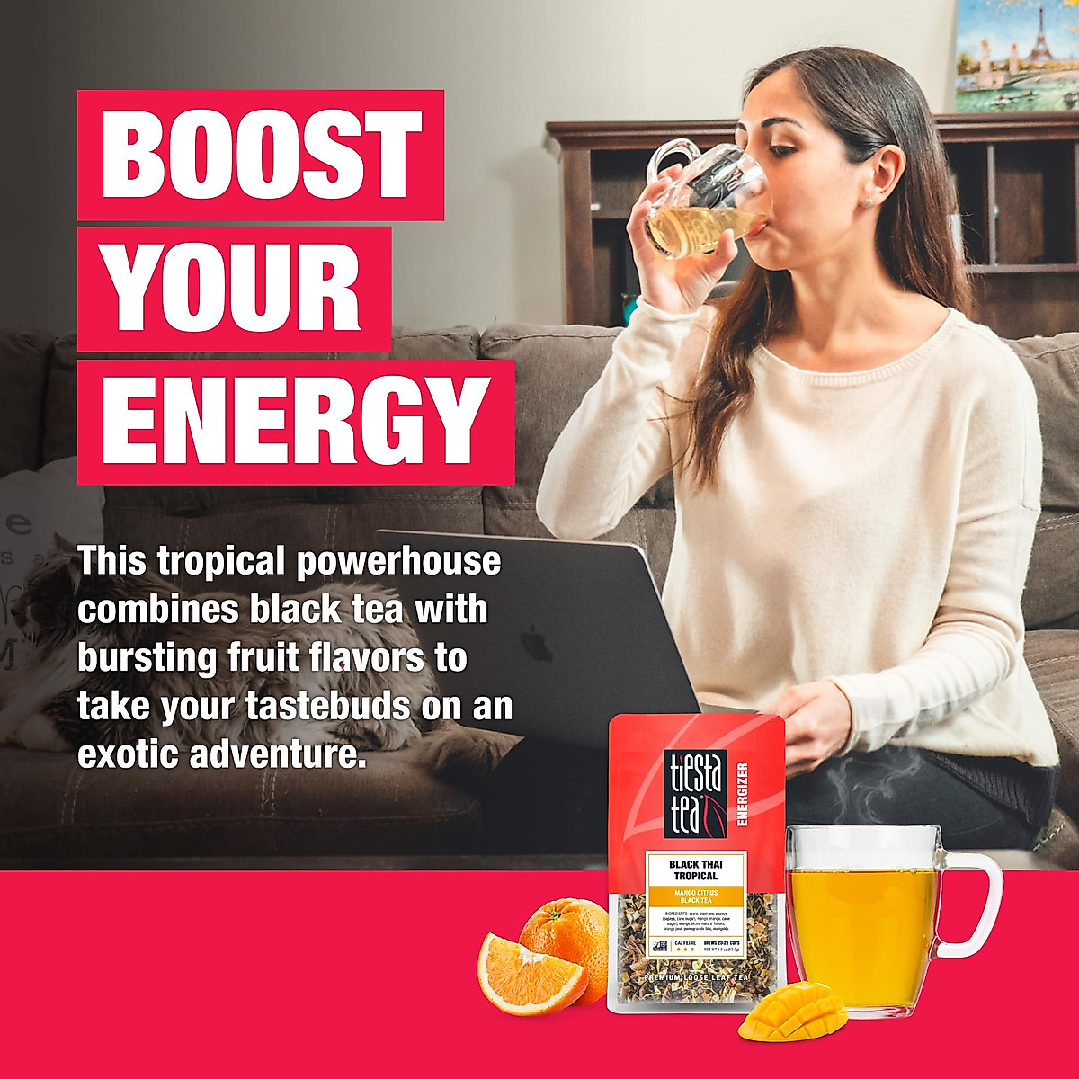 Tiesta Tea - Black Thai Tropical | Loose Leaf | Mango Citrus Black Tea | Premium Blend | High Caffeinated | Make Hot or Iced & Brews Up to 25 Cups | 1.9oz Resealable Pouch