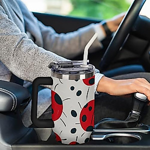 YTLKGFP 40 Oz Large Capacity Car Cup Red Black Spotted Ladybug Tumbler with Handle (Black) Straw Lid Insulated Stainless Steel Water Bottle Travel Mug Leak-proof Car Cup Keeps Cold Or Hot