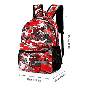 DTCCET 3PCS Classic Red Camo Backpack Set, Lightweight Camo Daypack 3D Printed Laptop Bag with Lunch Bags, Stylish Shoulders Backpack with Multiple Pockets(Red Camo)