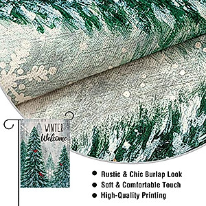 Artofy Winter Welcome Decorative Garden Flag Pine Trees, Snowy Forest Red Cardinal Birds House Yard Lawn Outdoor Burlap Flag, Farmhouse Outside Decoration Snowflakes Home Decor Double Sided 12 x 18