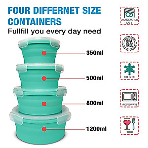 AMAZING CONTAINERS Set of 4 Silicone Collapsible Food Storage Container with Airtight Lid|Foldable Stackable Space-saving containers for Kitchen|Microwave Dishwasher and Freezer Safe