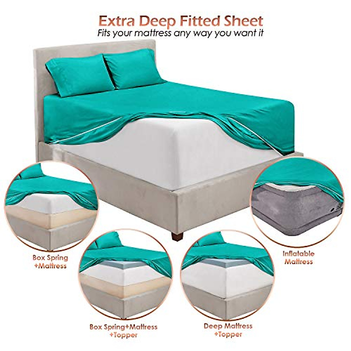 Hearth & Harbor Bed Sheets, Luxury Soft 6 Piece Bed Sheet Set Extra Deep Pocket Fitted Sheets Fits Mattress up to 21", Double Brushed Bedding Sheets & Pillowcases, Queen Size, Teal