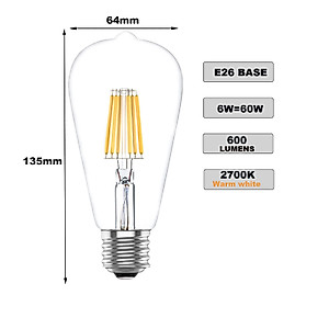 Vintage LED Light Bulbs,E26 Edison Filament,6W,60 Watts Equivalent,Soft White 2700K,2 Packs