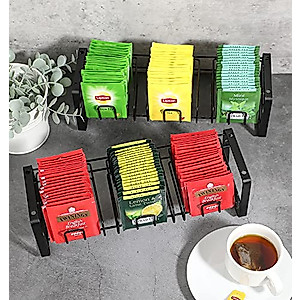 Koluti Tea Bag Holder Organizer 2 Tier, Stackable Wall-mounted Tea Storage Cabinet Stand with Removable Tray Basket, Coffee and Sugar Packet Rack for Counter, Holds 120 Tea Bags, Matte Black Metal