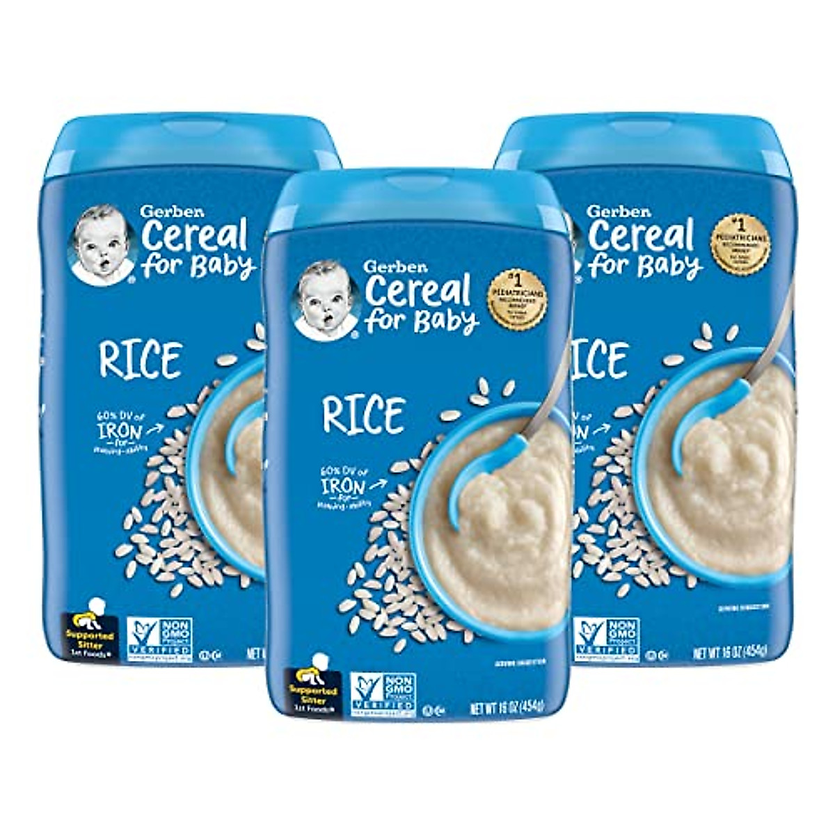 Gerber Cereal for Baby 1st Foods Rice Cereal, Made with Essential Nutrients for Supported Sitters, Non-GMO Project Verified, 16-Ounce Canister (Pack of 3)