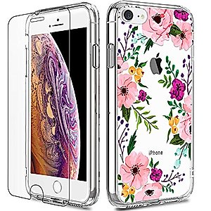 LUHOURI iPhone 8 Case, Clear iPhone 7 Case with Screen Protector, Girls Women Floral Heavy Duty Protective Hard Case with Slim Soft TPU Bumper Cover Phone Case for iPhone 8 and iPhone 7