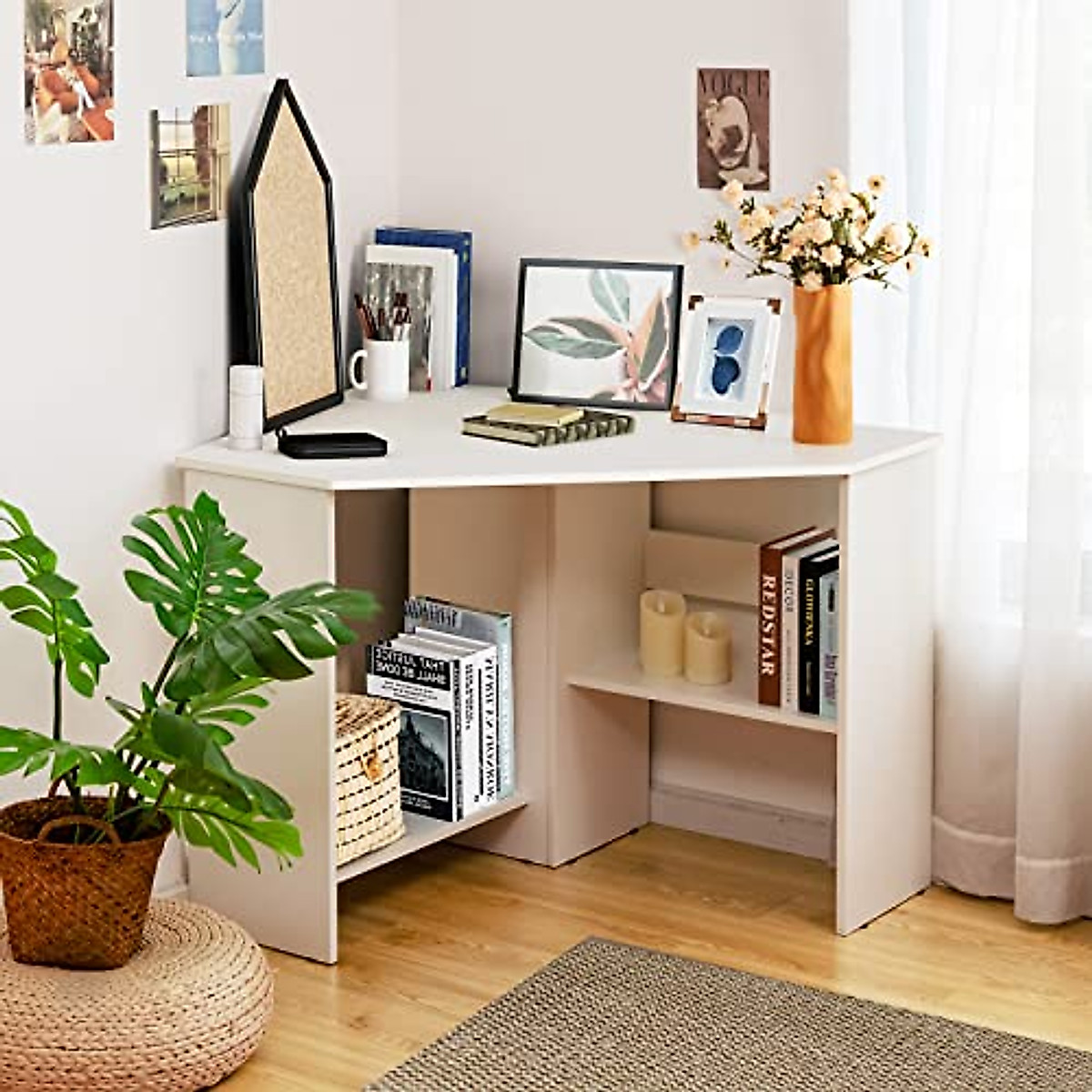 Tangkula White Corner Desk - 90 Degrees Triangle for Computer, Small Space, Bedroom, Makeup Vanity Desk with Storage Shelves & CPU Stand, Space Saving Writing Desk