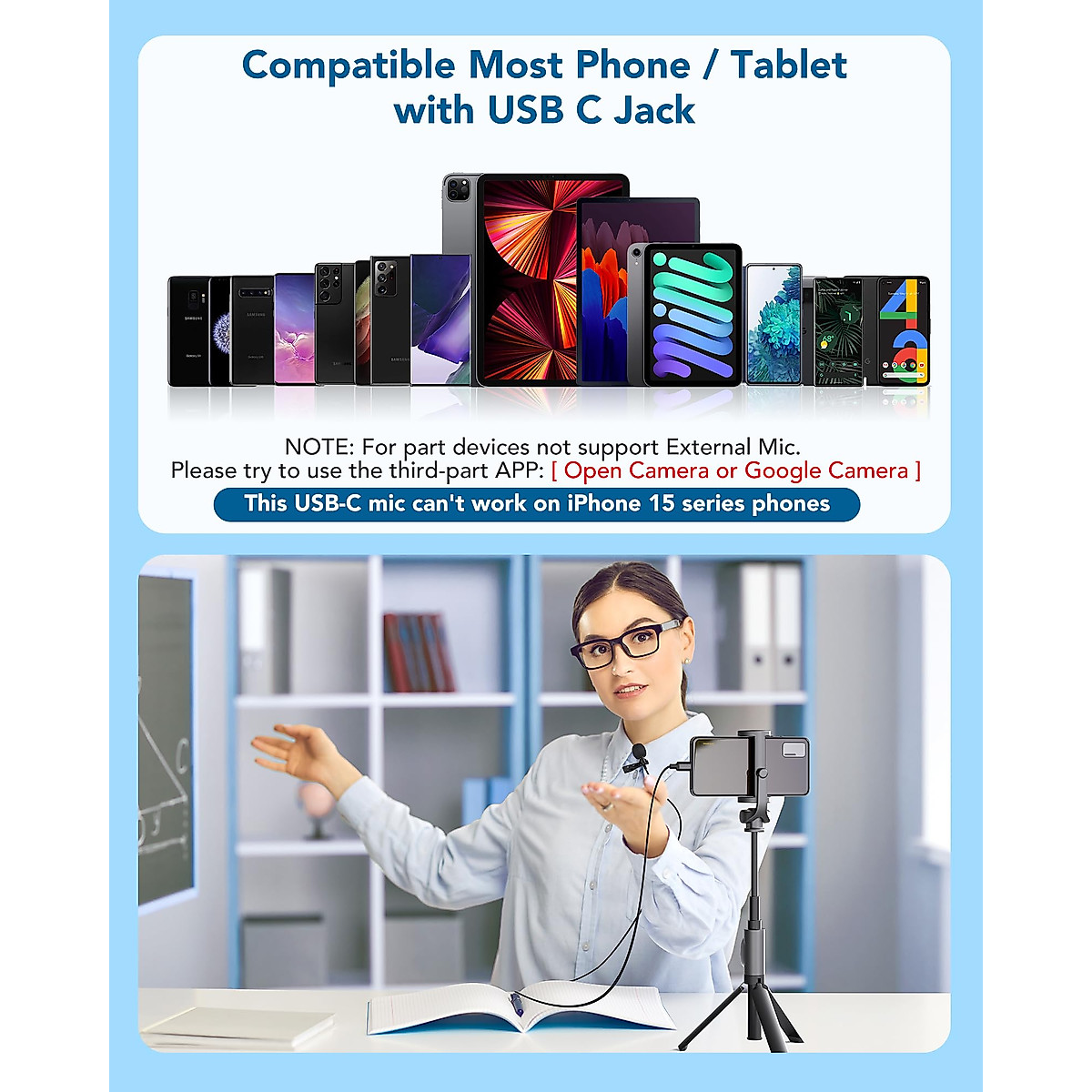 Lavalier Microphone USB C Professional Lapel Clip-on Mic Omni Condenser Little Lav Mic for Video Recording External Noise Cancel Mic for Youtube Vlog ASMR Interview on Android Type-C Device (6.6ft)