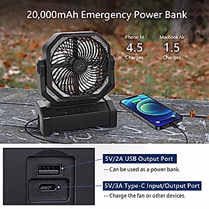 SALLOUS Camping Fan with LED Light, 20000mAh Rechargeable Battery Operated Table Fan, Auto-Oscillating Tent Fan with Remote & Hook, 4 Speed Portable Camping Fan for Travel Picnic Fishing, Black