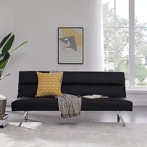 Naomi Home Zoe Futon Sofa Bed, Faux Leather Futon Couch, Modern Convertible Folding Sofa Bed Couch with Chrome Legs, Reclining Mini Couch, Leather Futon Small Couch for Bedroom Living Room - Black