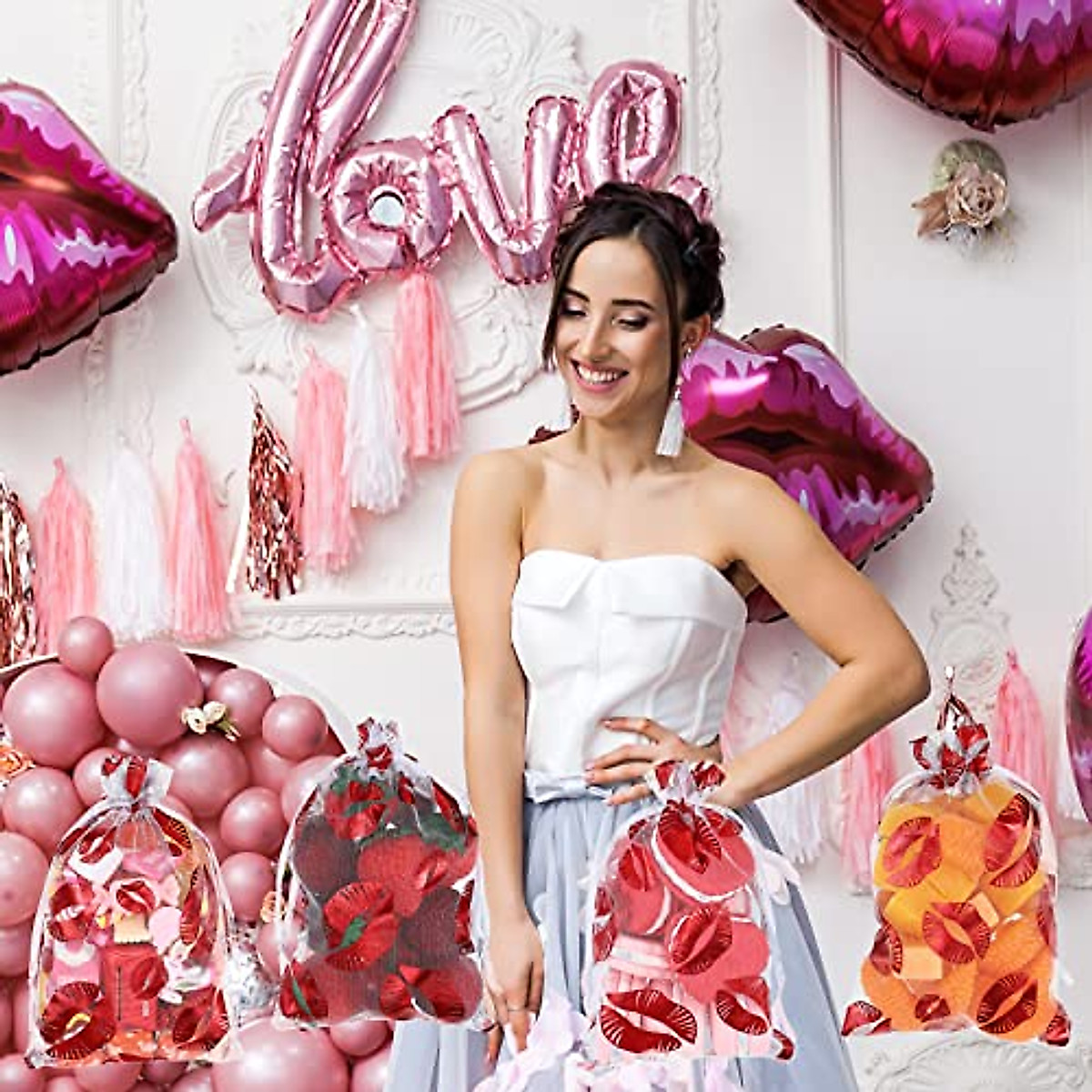 100 Pcs Valentine's Day Organza Bag with Drawstring, Sheer Red Lip Printed Jewelry Gift Pouch, 4 x 6 Inch Mesh Small Favor Bags for Girls Valentines Day Wedding Spa Sleepover Party Decorations