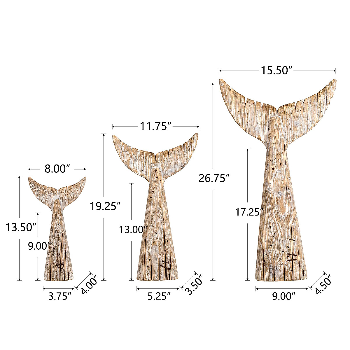glitzhome Farmhouse Tabletop Decor Set of 3 Coastal Weathered Wood Whale Tail Statue Nautical Table Decor Rustic Distressed Wood Whale Tail Sculpture Table Centerpiece Home Decor