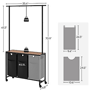 YATINEY Laundry Sorter, Laundry Hamper with Hanging Rack, Laundry Sorter 3 Section, Laundry Basket with Wheels, Hampers for Laundry, Laundry Basket Organizer for Laundry Room, Rustic Brown LS37BR