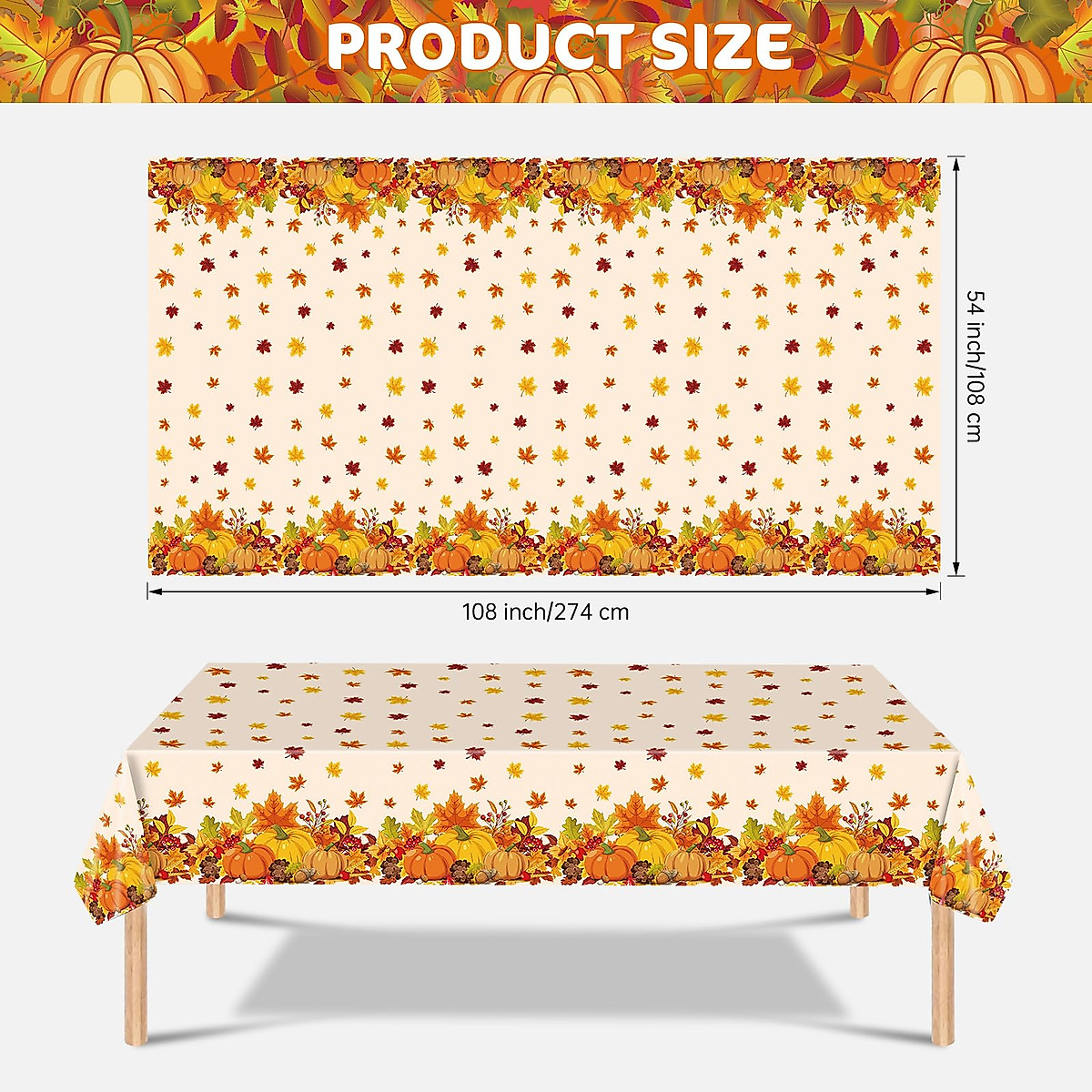 2 Pcs Thanksgiving Tablecloth Plastic - Disposable Fall Table Cloths, Autumn Rectangle Pumpkin Maple Leaf Table Cover for Happy Thanksgiving Day Table Decorations Party Supplies Favors, 54x108 Inch