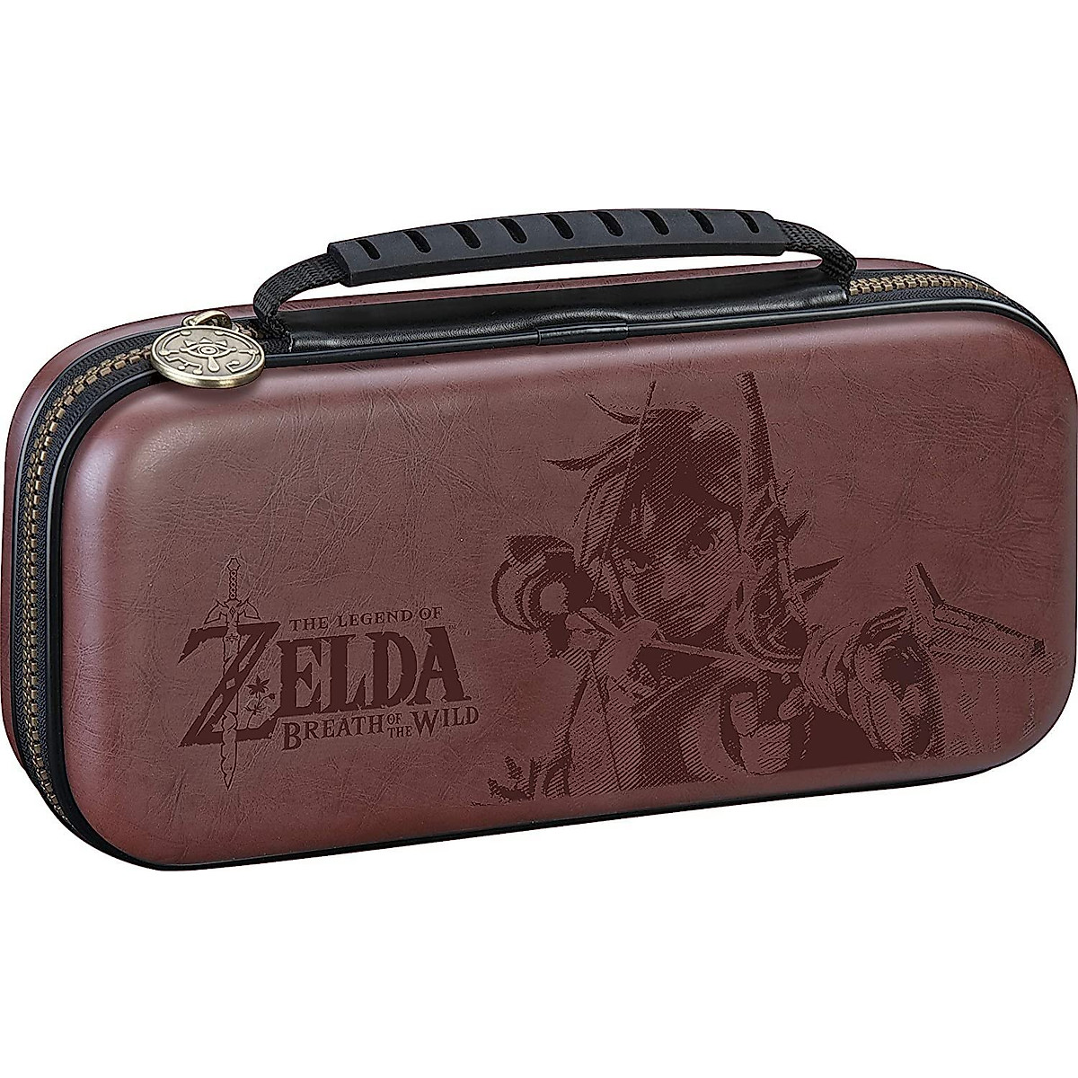 Officially Licensed Nintendo Switch Deluxe Zelda Link Travel Case – Premium Hard Case Made with Koskin Saddle Leather Embossed with Zelda Breath of The Wild Art 2 Game Cases