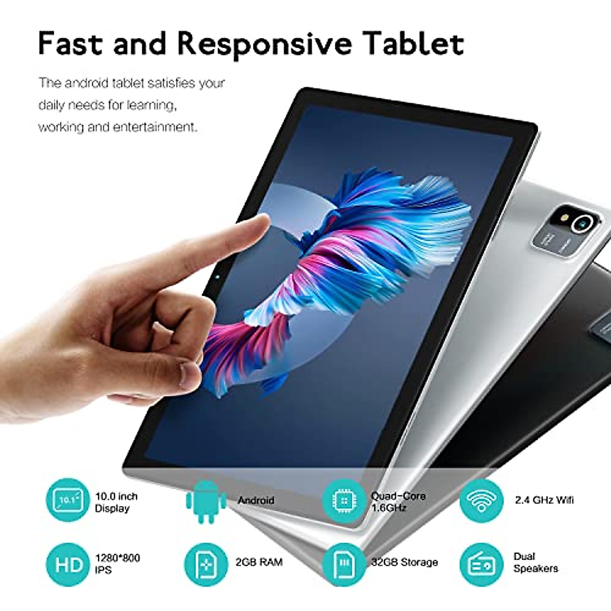 HAPPYBE Tablet 10 Inch Android 10 Quad-Core 32GB 6000mAh Battery HD Touchscreen Tablets (Silver)