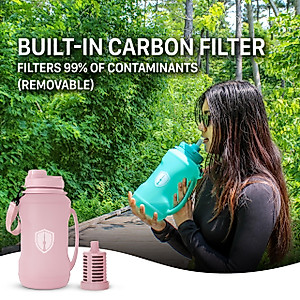 Collapsible Water Bottle for Traveling, Workout or Hiking 64oz Gen 2.0 - Motivational Water Bottle with Time Markings - Half Gallon / 2 L Capacity - BPA Free & Dishwasher Safe (Fruity Pink + Filter)